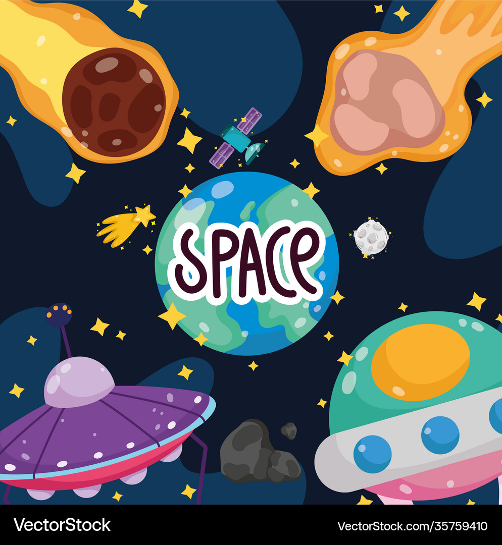 Space cartoon explore earth planet ufo spaceship Vector Image