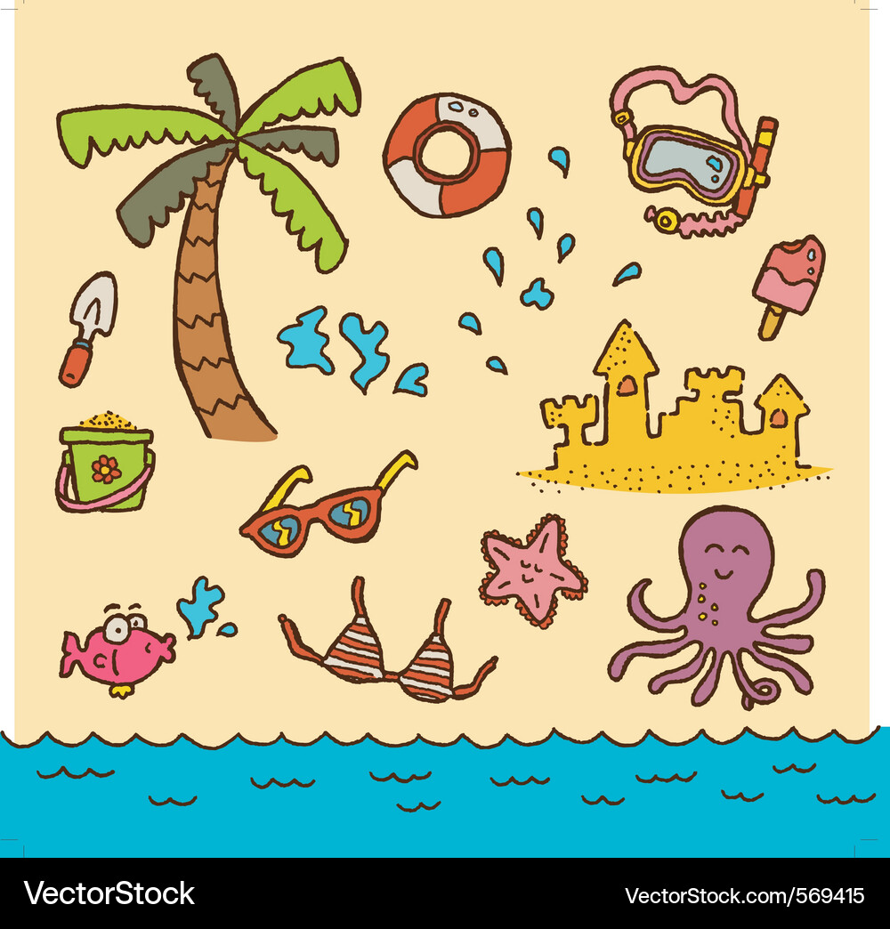 Cute Beach Doodle Set Royalty Free Vector Image