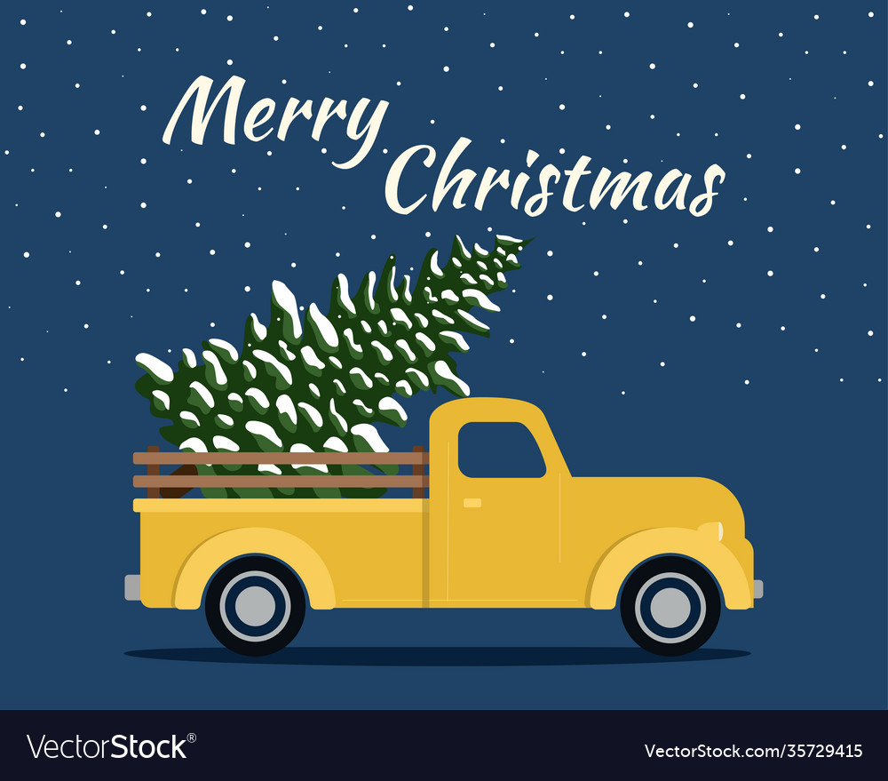 Vintage yellow truck with christmas tree poster Vector Image
