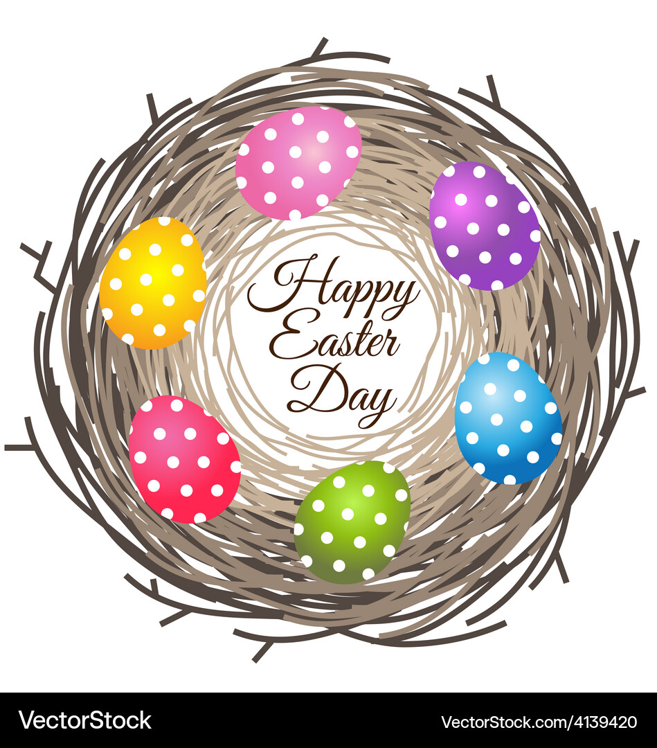 Colorful eggs in bird nest for Easter day greeting