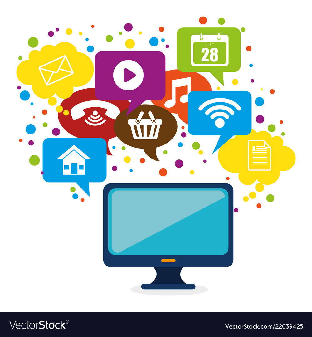 Computer with social media marketing icons Vector Image