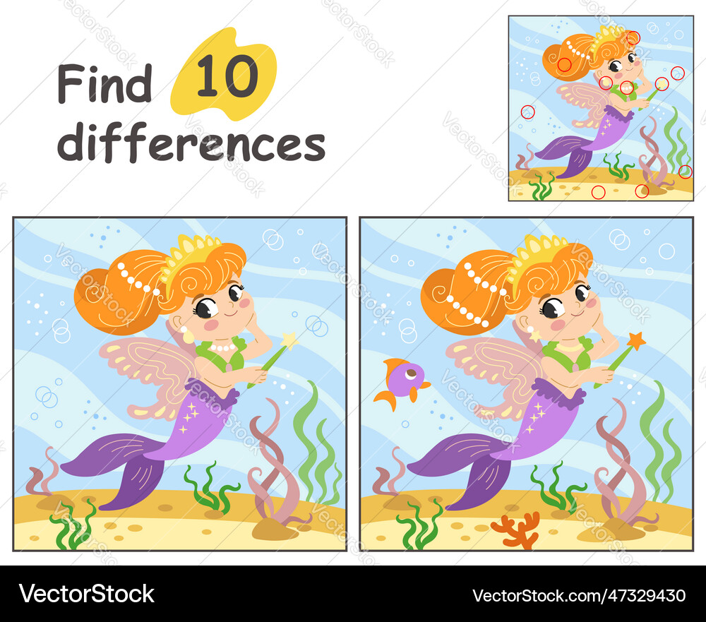 Find 10 differences with mermaid fairy Royalty Free Vector
