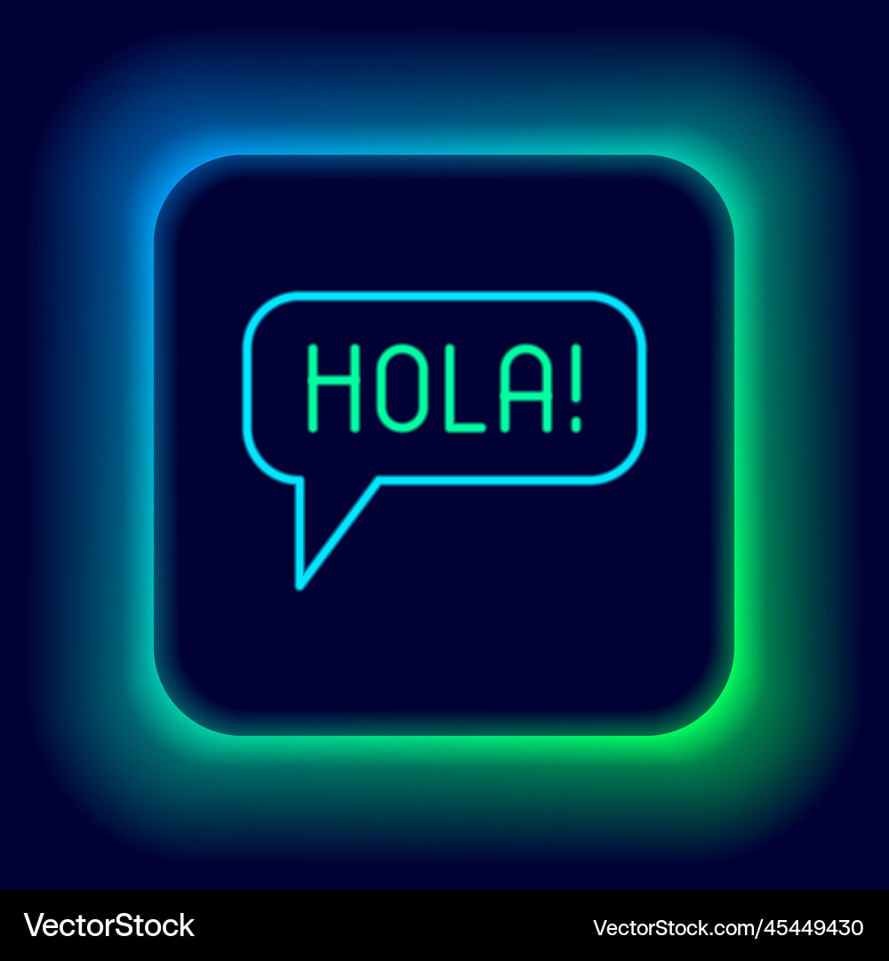 Glowing neon line hola in different languages icon