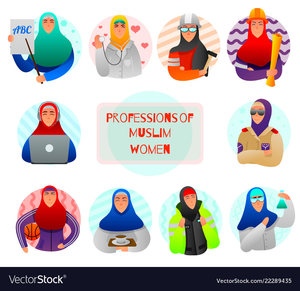 Muslim women professions flat set Royalty Free Vector Image