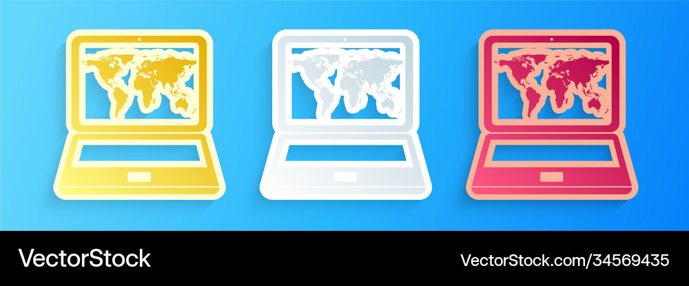 Paper cut laptop with world map on screen icon Vector Image