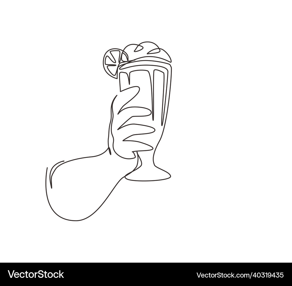 Single one line drawing hand holds glass Vector Image