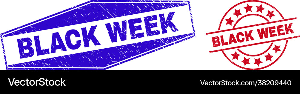 Black week grunged stamps in circle and hexagonal Vector Image