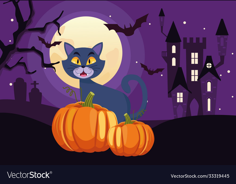 Happy halloween card with cat and pumpkin Vector Image