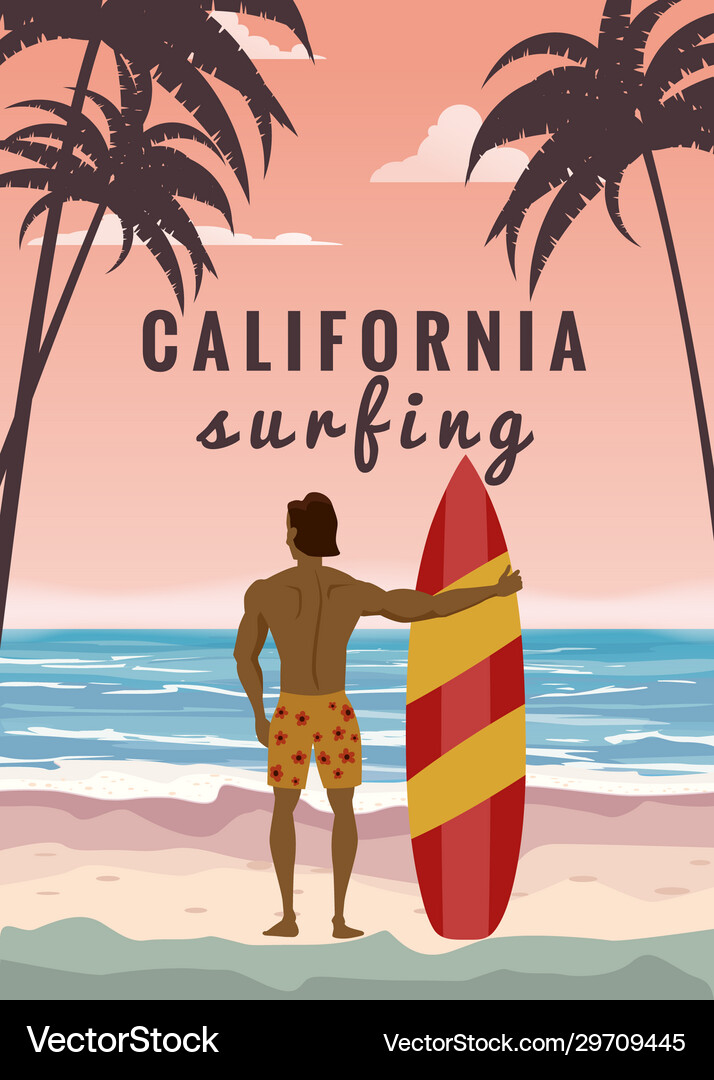 Surfer standing with surfboard on tropical Vector Image