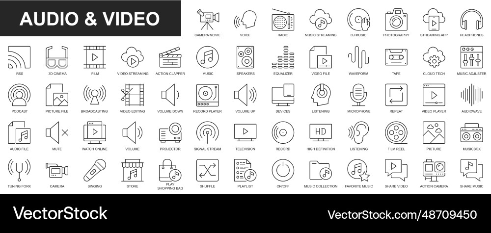 Audio and video web icons set in thin line design Vector Image