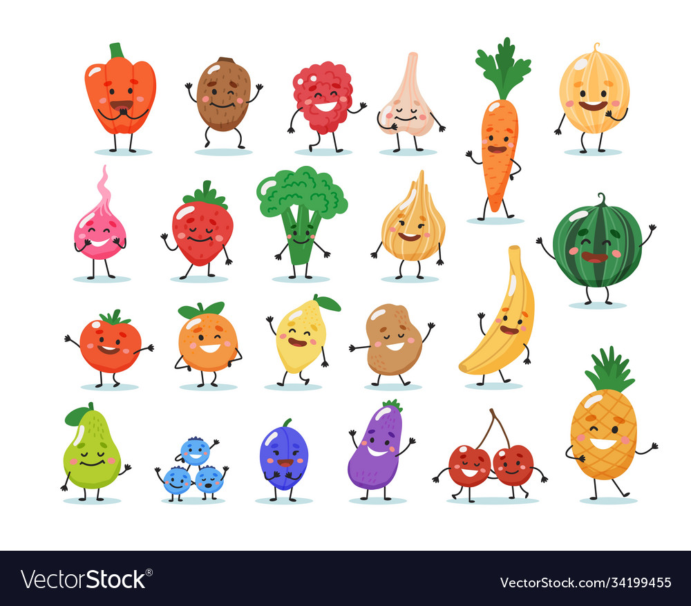 Fruits and vegetables characters Royalty Free Vector Image
