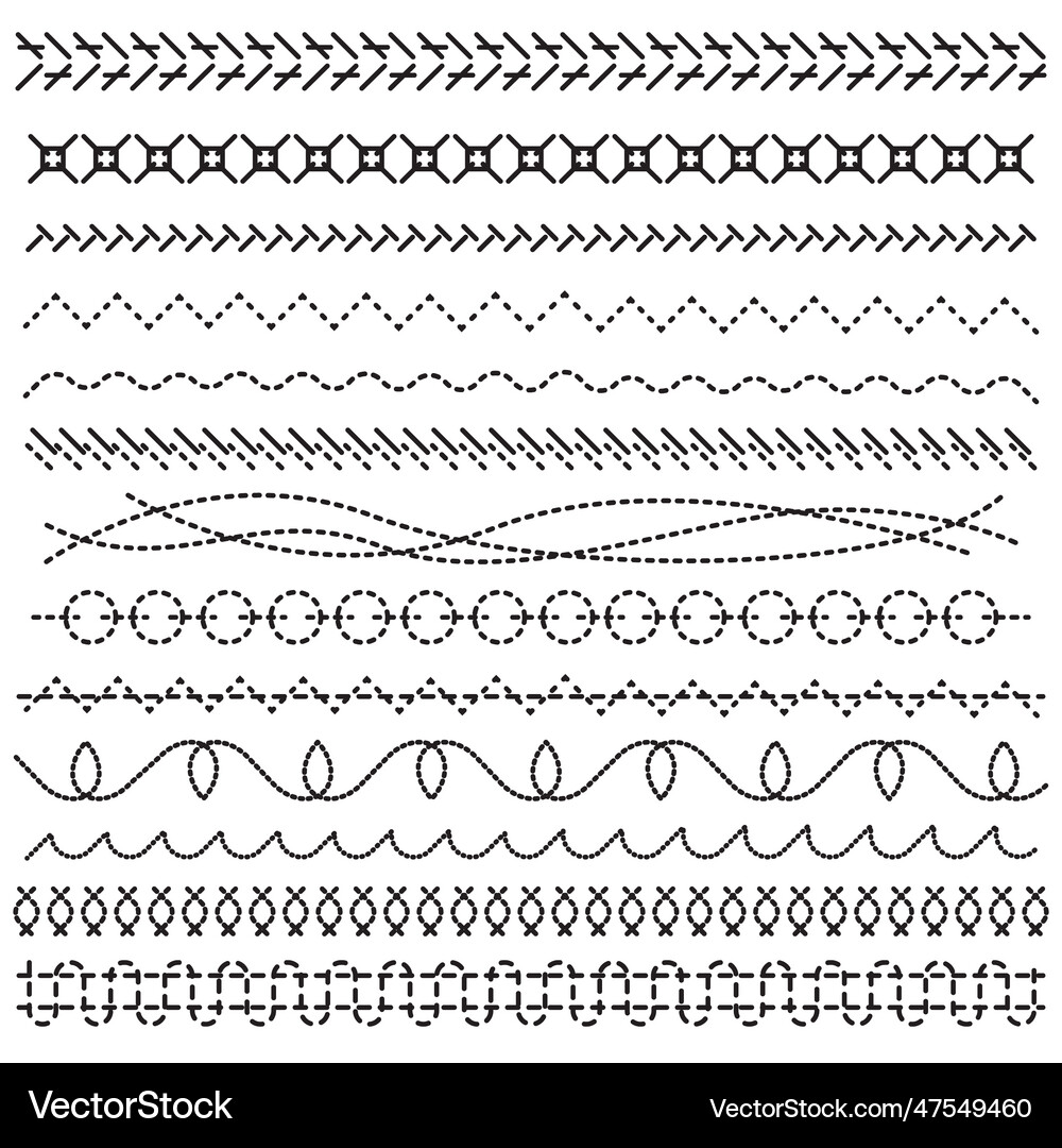 Different black stitch lines and seams set Vector Image