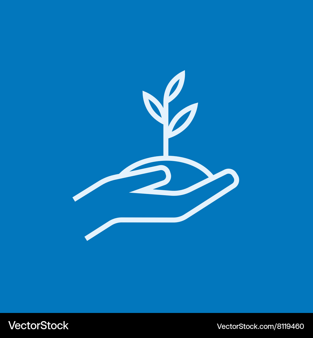 Hands holding seedling in soil line icon Vector Image