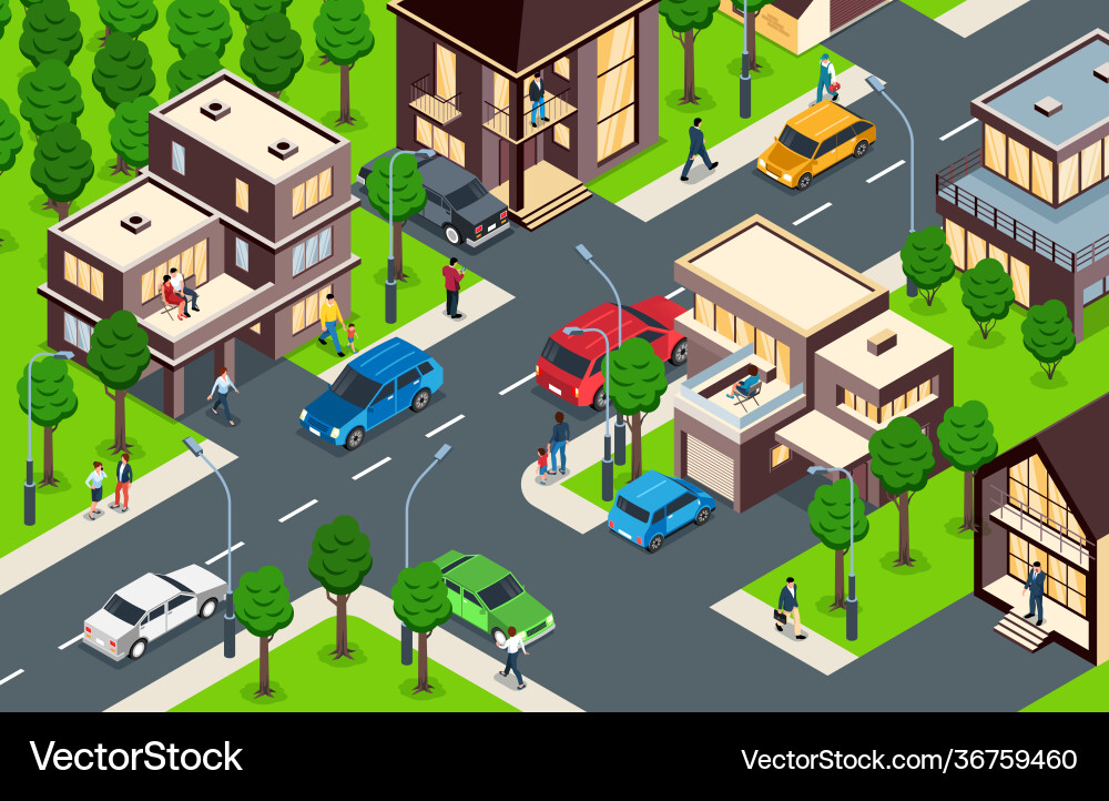 Suburban houses isometric view Royalty Free Vector Image
