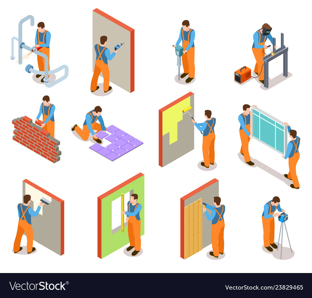 Isometric construction workers builder doing Vector Image