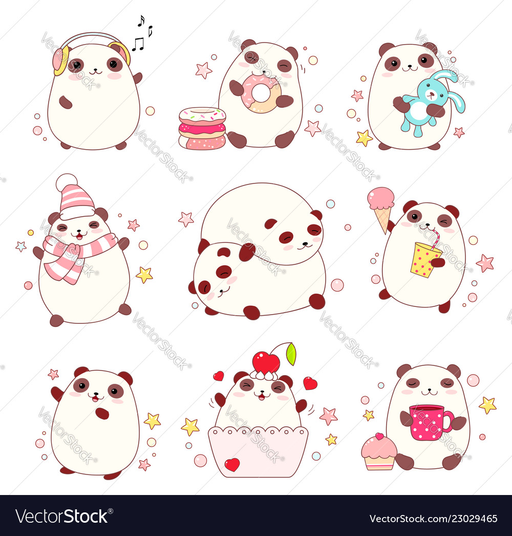 Set of cute pandas in kawaii style Royalty Free Vector Image