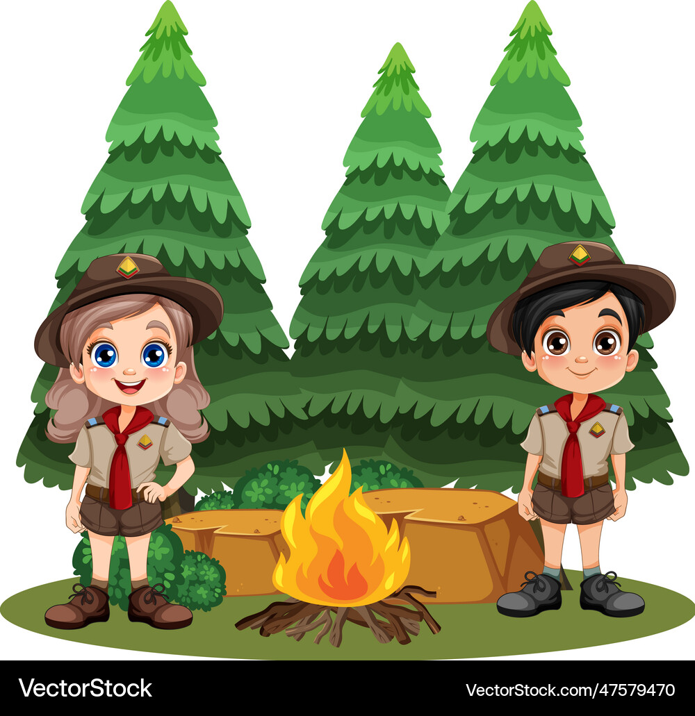 Camping kid cartoon character with campfire Vector Image