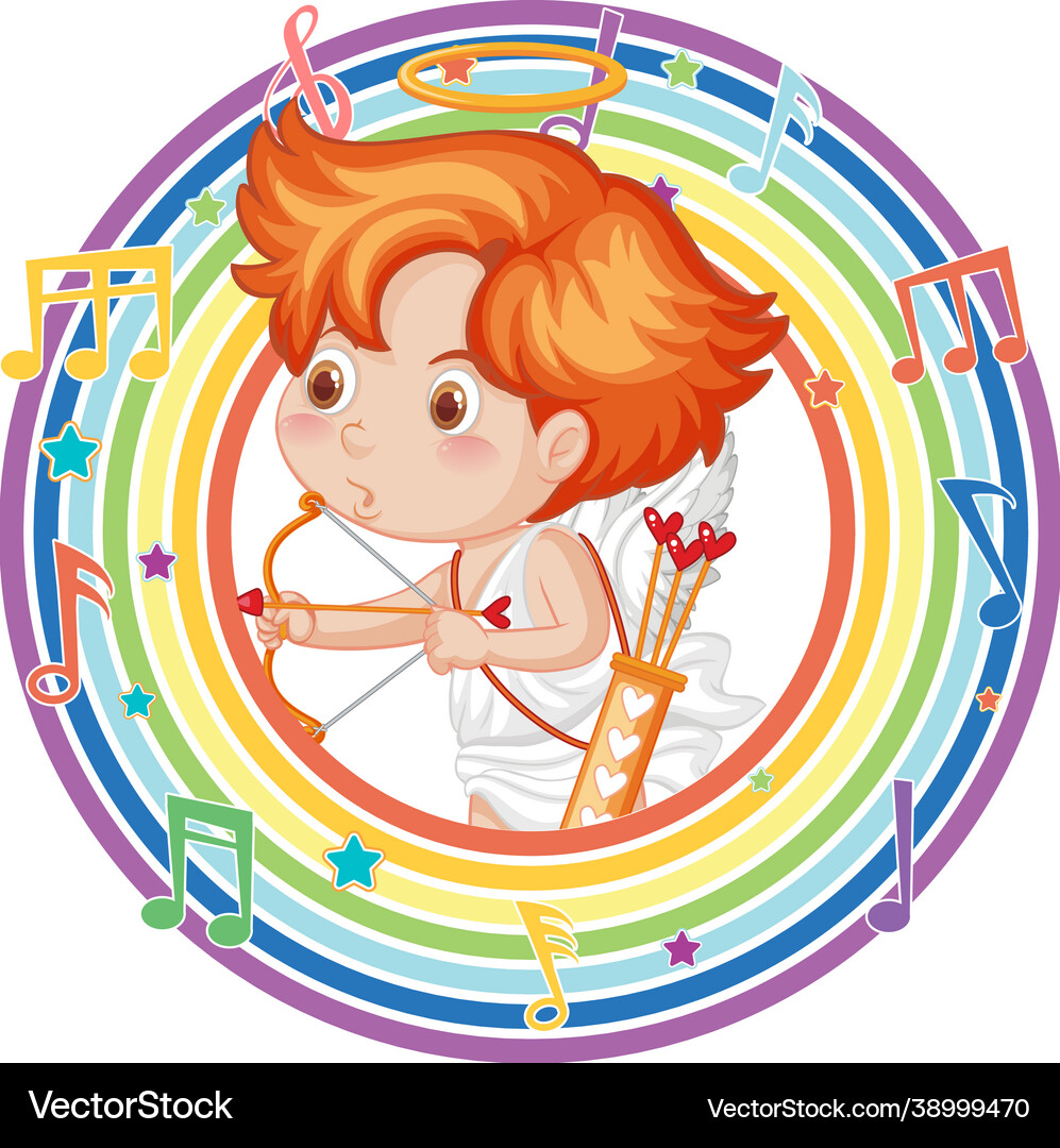 Cupid in rainbow round frame with melody symbol Vector Image