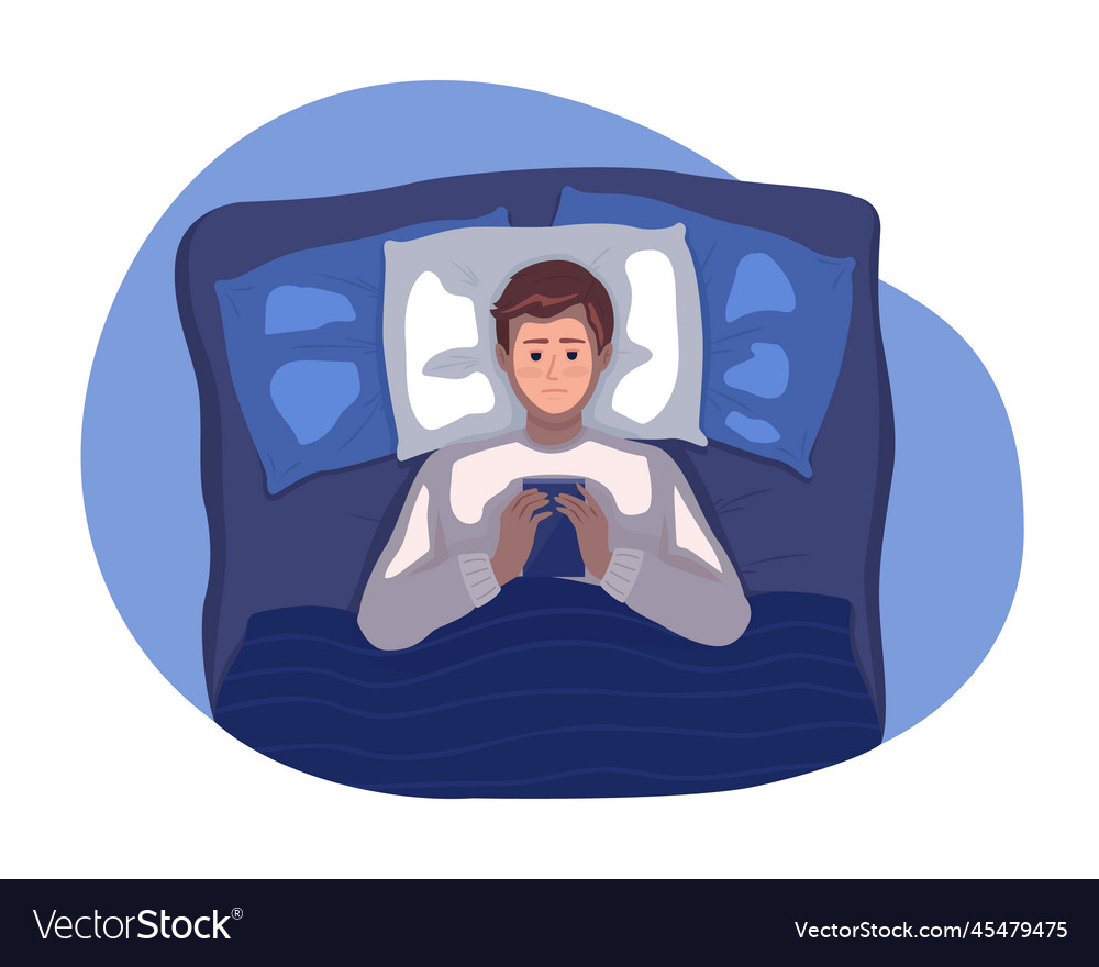 Bedtime mobile phone use 2d isolated Royalty Free Vector