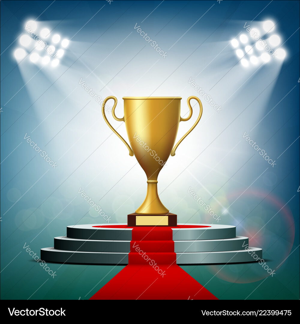 Gold cup winner standing on a podium Royalty Free Vector