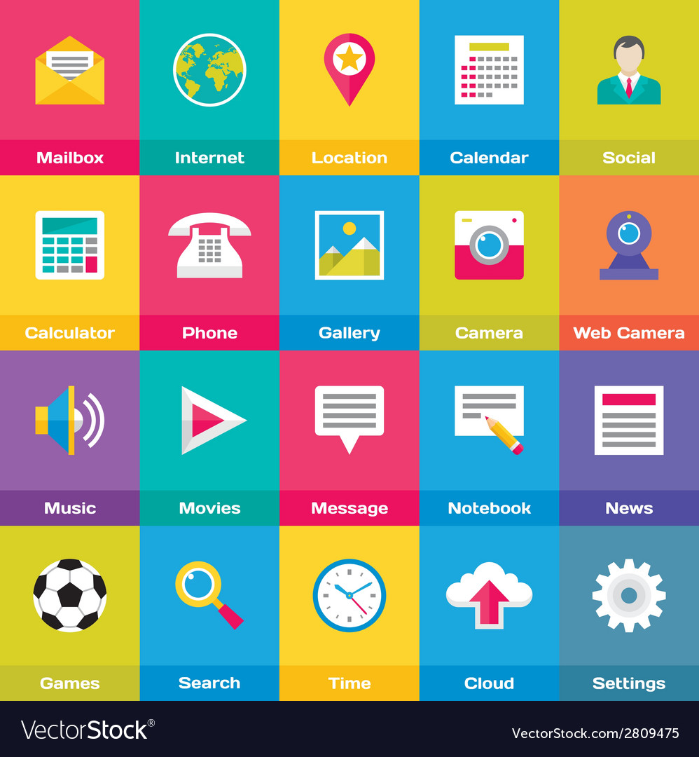 Icons base set in flat style design Royalty Free Vector