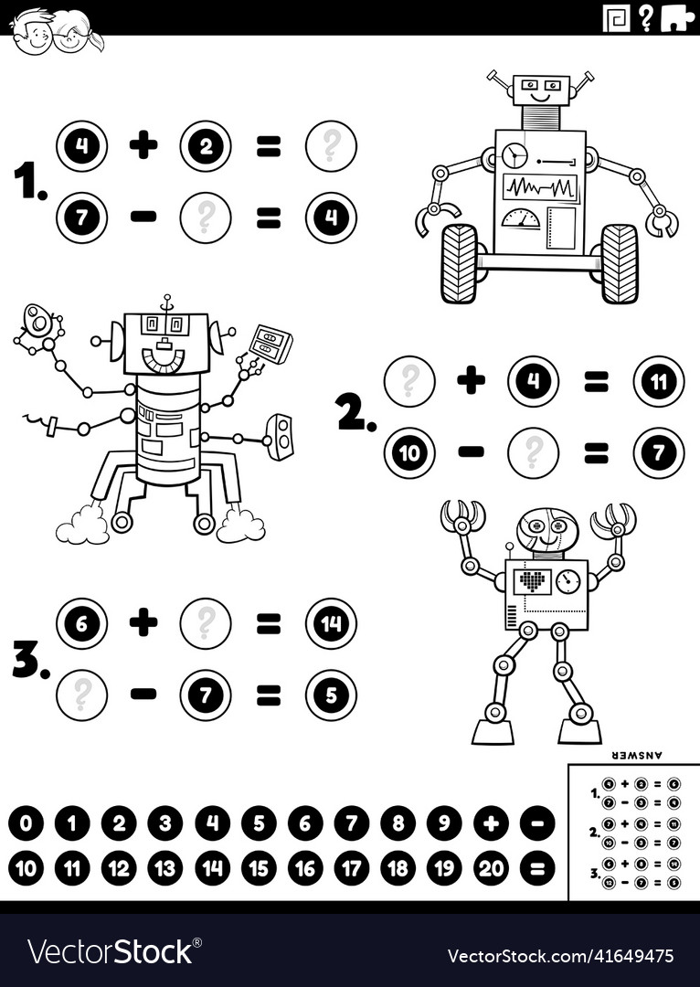 Math addition and subtraction task with robots Vector Image