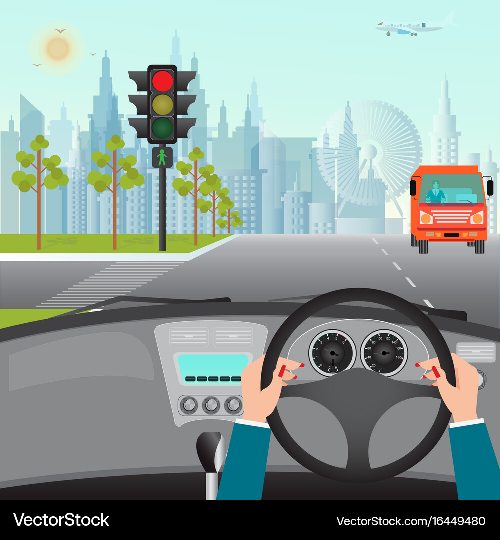 Human hands driving a car on asphalt road Vector Image