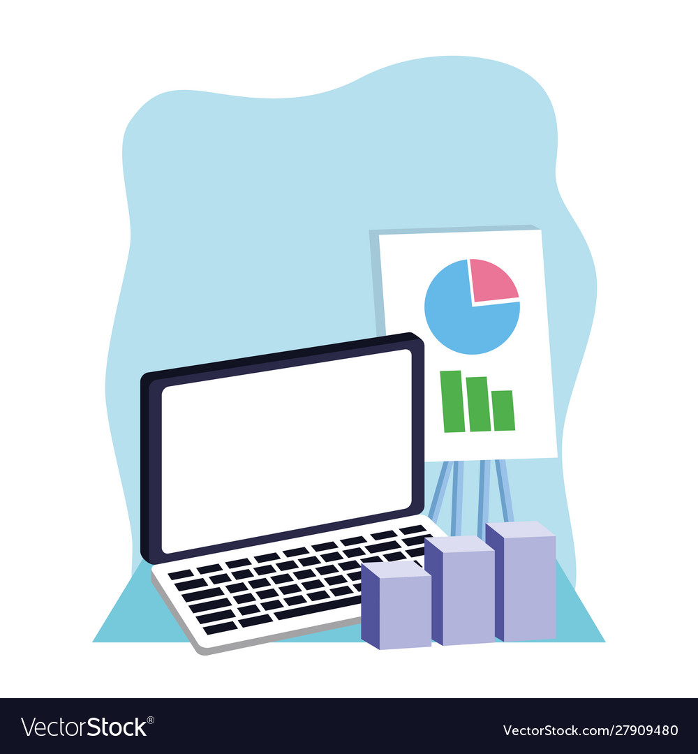 Laptop computer with graphic charts colorful Vector Image