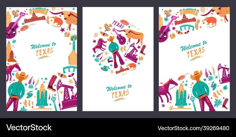 Three texas posters with icons lettering Vector Image
