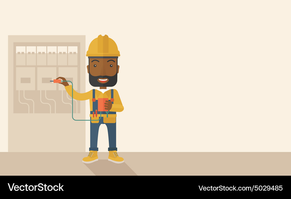 Black electrician repairing an electrical panel Vector Image