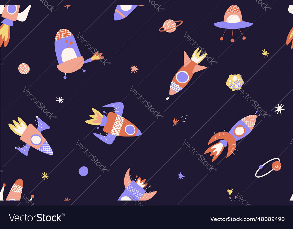 Seamless cosmic pattern with different rockets Vector Image