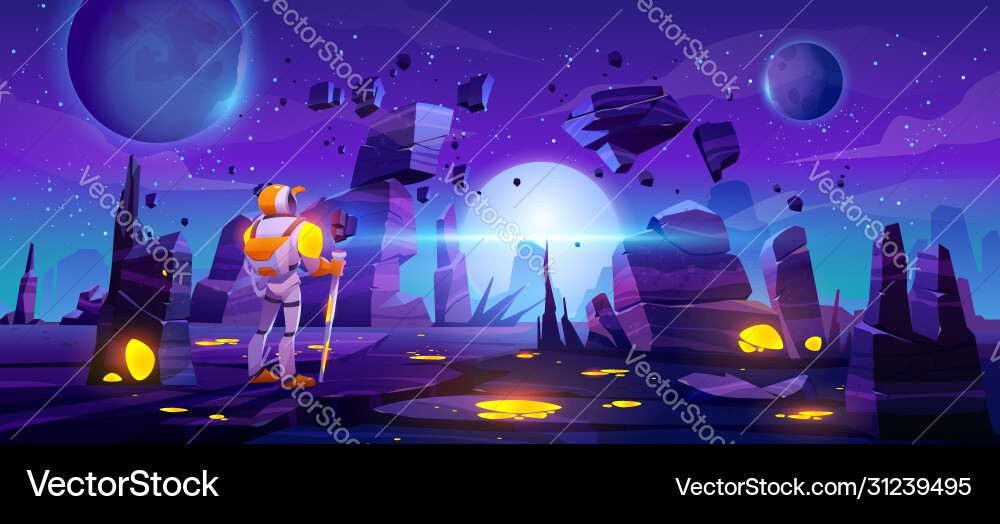 Astronaut on alien planet in far galaxy Royalty Free Vector