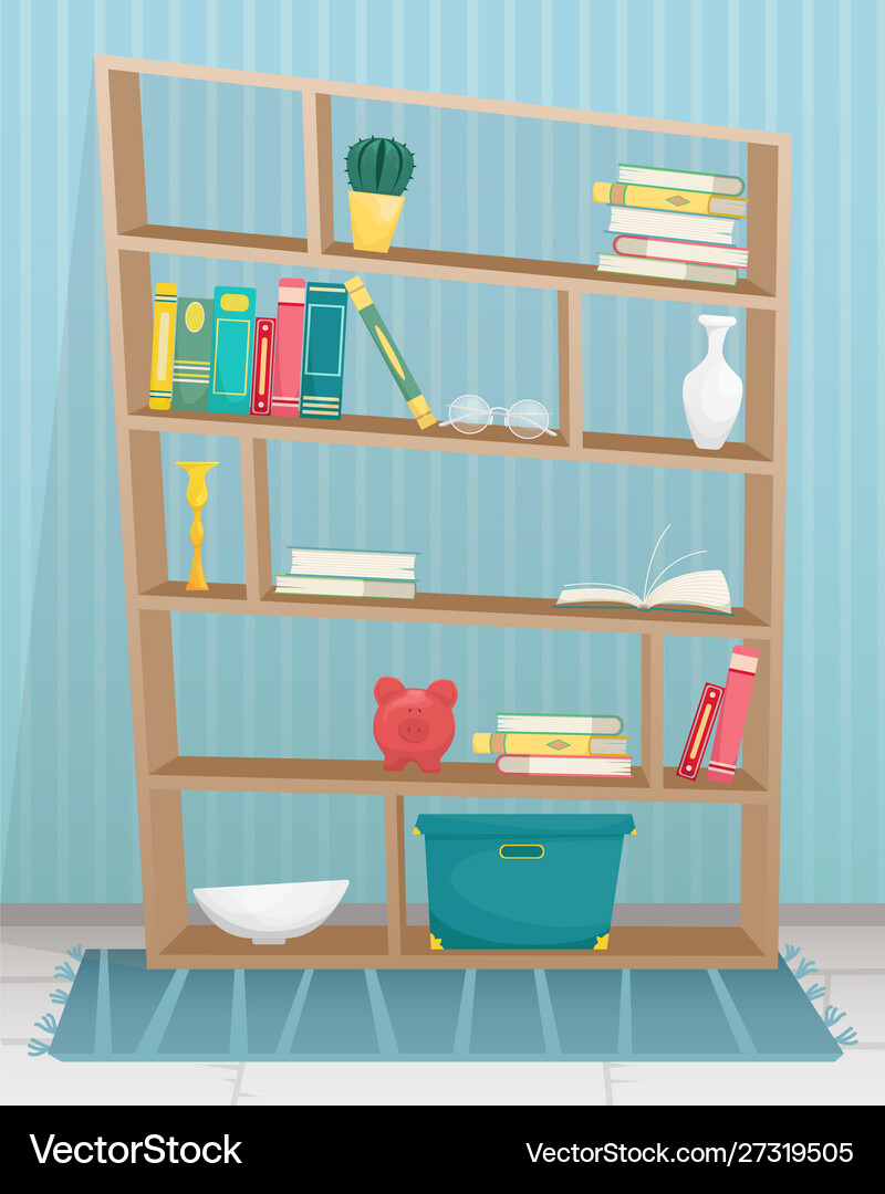 Bookcase with books and vases Royalty Free Vector Image