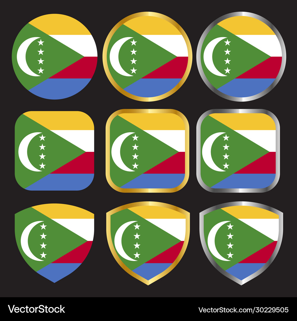 Comoros flag icon set with gold and silver border Vector Image