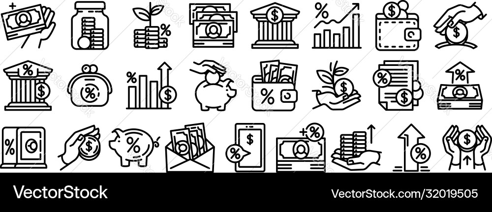 Deposit icons set outline style Royalty Free Vector Image