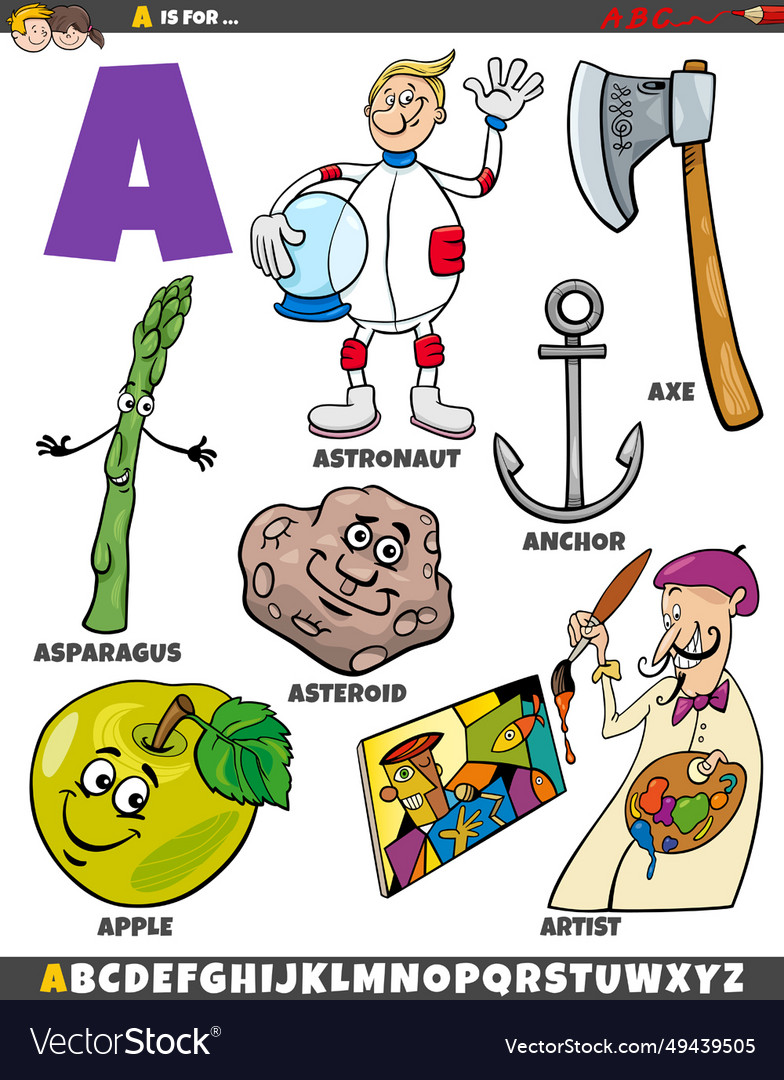 Letter a set with cartoon objects and characters Vector Image