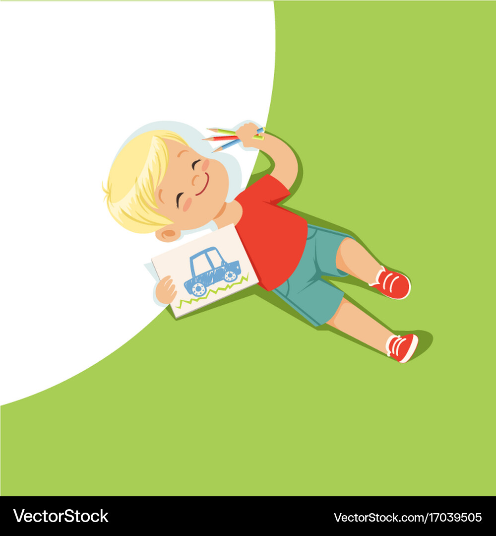 Little boy lying on his back and drawing Vector Image