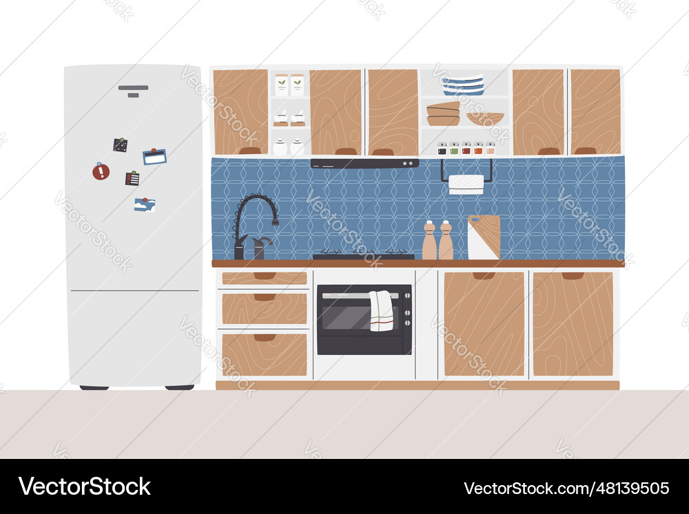 Wooden textured kitchen set with mid century tile Vector Image