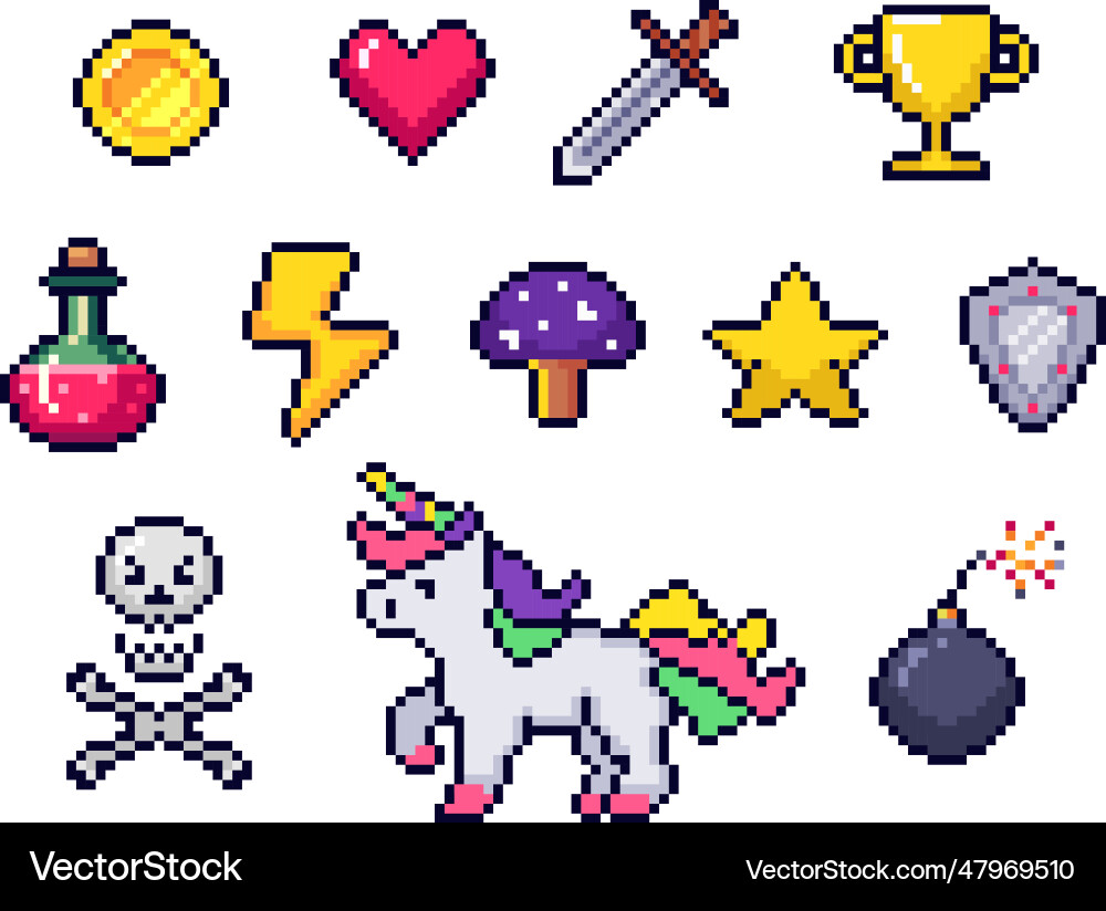 Pixel game items retro 8 bit games art pixelated Vector Image