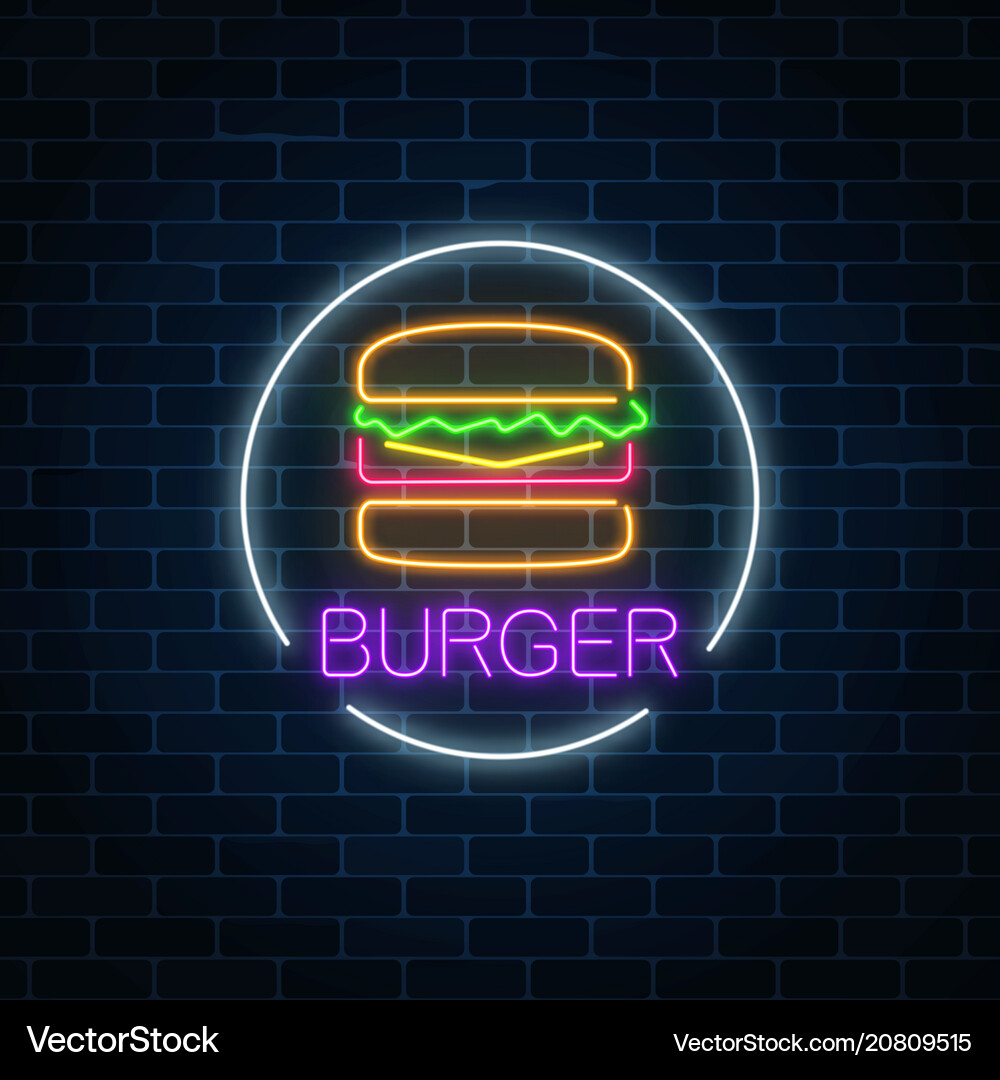 Neon glowing sign burger in circle frame on a Vector Image