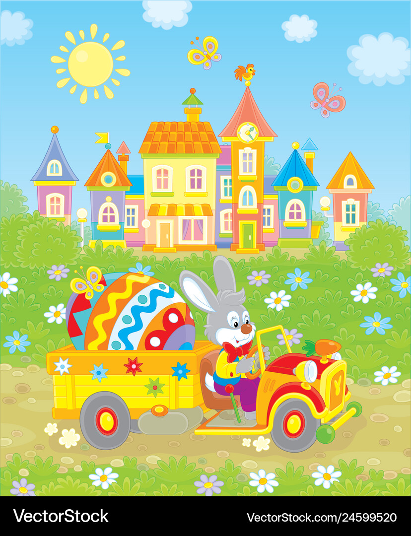 Bunny in a truck with colored easter egg Vector Image