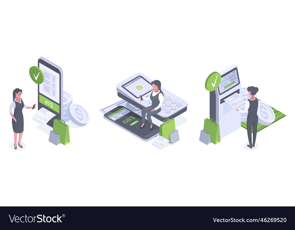 Isometric online payment woman use cash terminal Vector Image