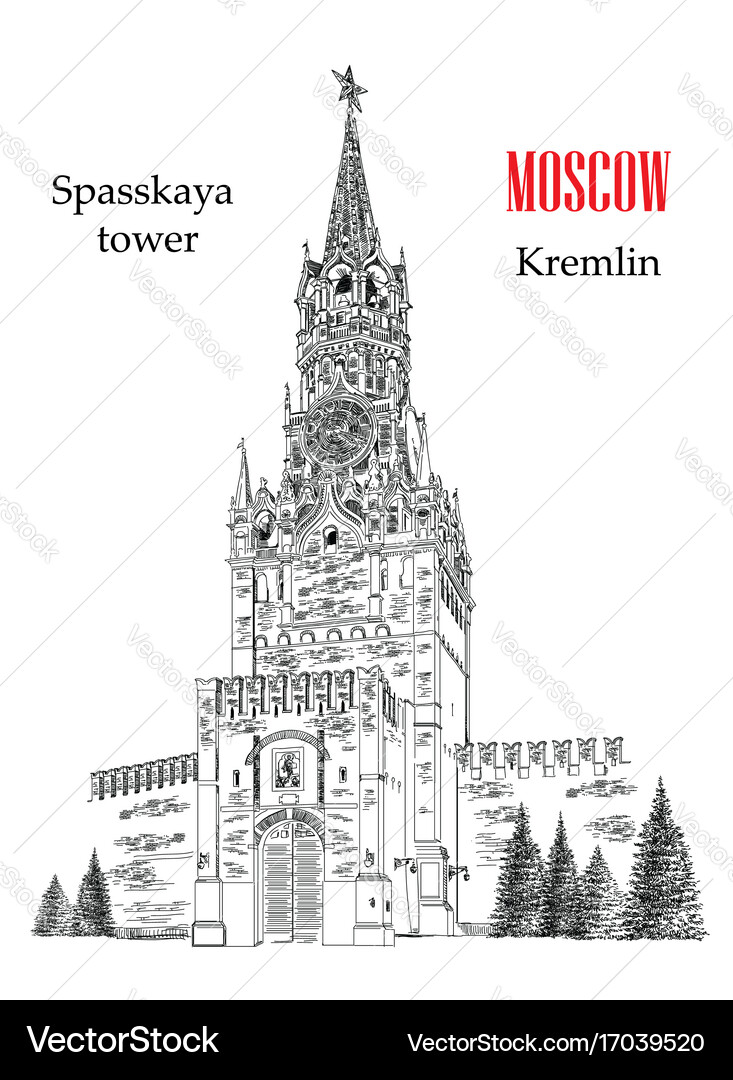 Spasskaya tower kremlin hand drawing Royalty Free Vector