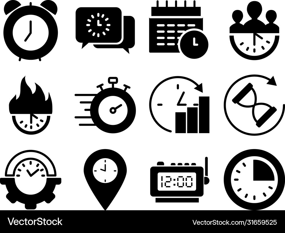 Location pin and clock time icon set silhouette Vector Image