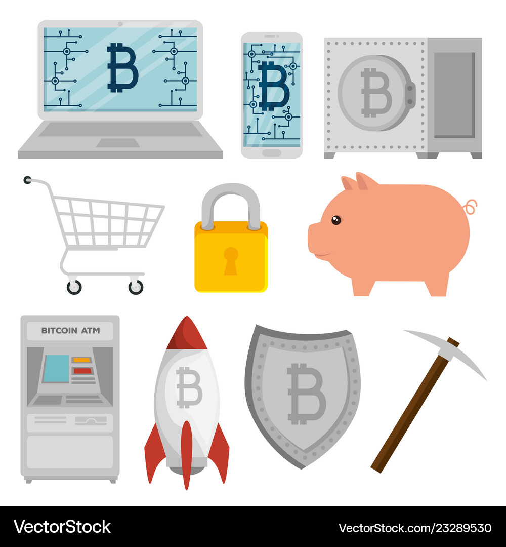 Set bitcoin currency with atm and pig shield Vector Image