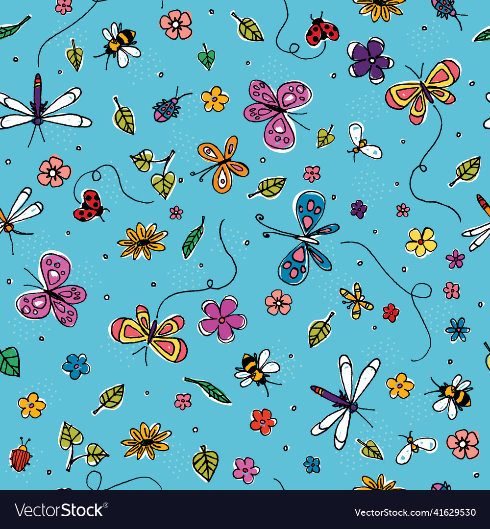 Spring doodle bugs pattern Royalty Free Vector Image