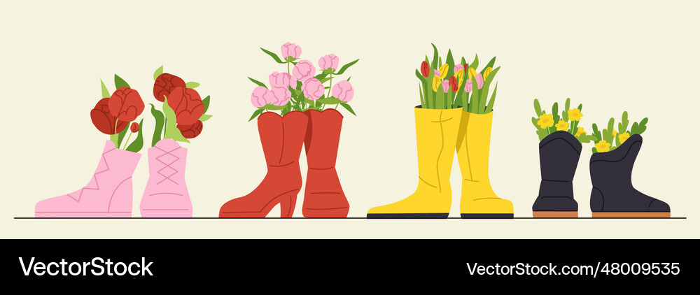 Flowers in wellies set Royalty Free Vector Image