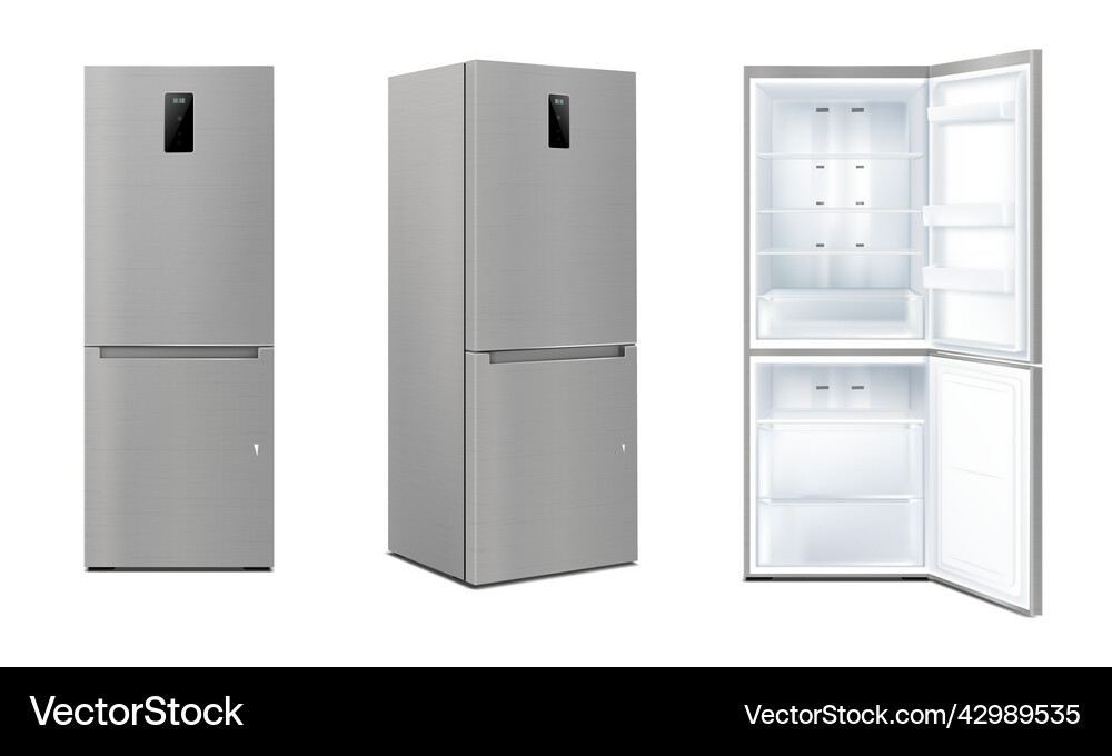 Set of realistic kitchen refrigerators with open Vector Image