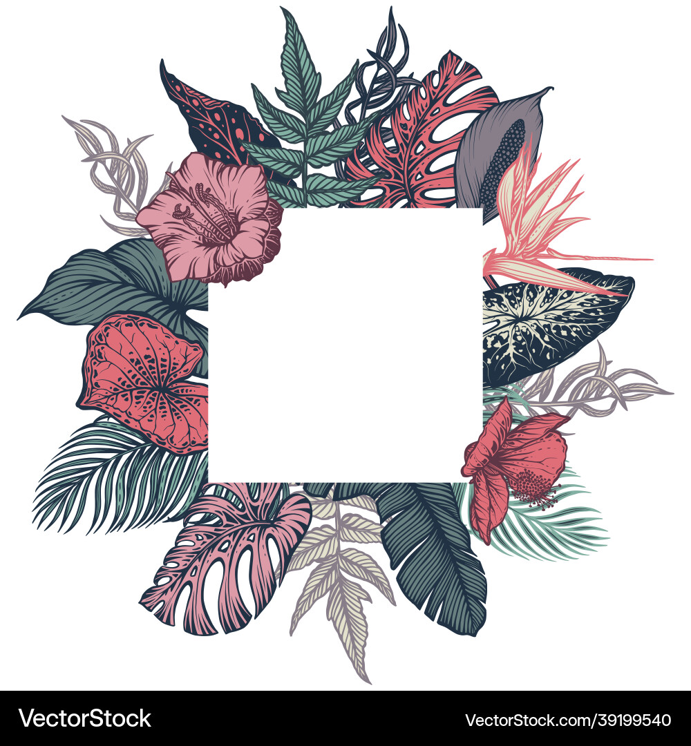 Frame with hand drawn tropical flowers Royalty Free Vector
