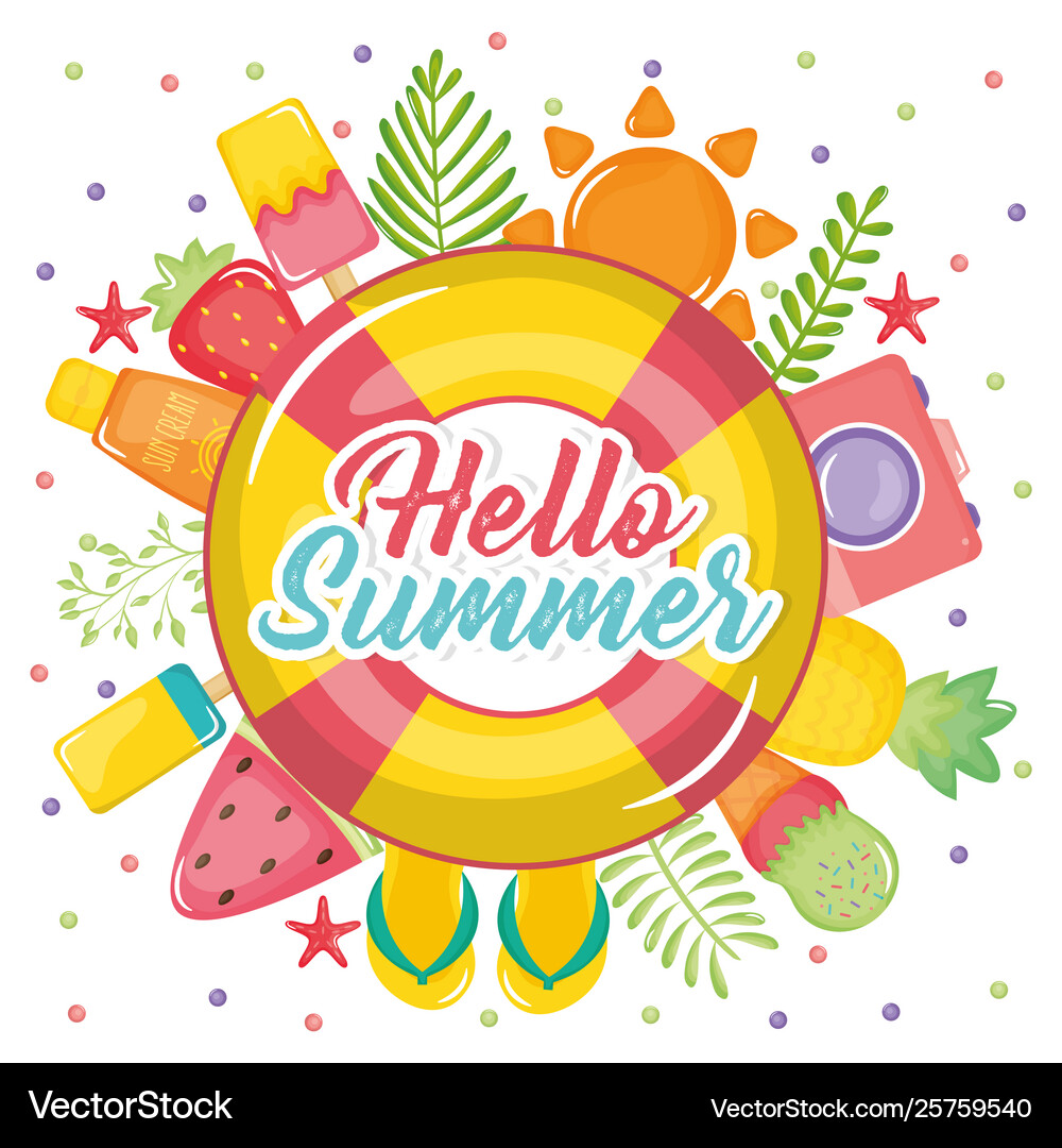 Hello summer poster with holiday icons Royalty Free Vector